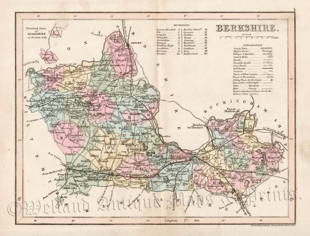 'AN ACCURATE MAP of BERKSHIRE Divided into its HUNDREDS: By G. Rollos ...