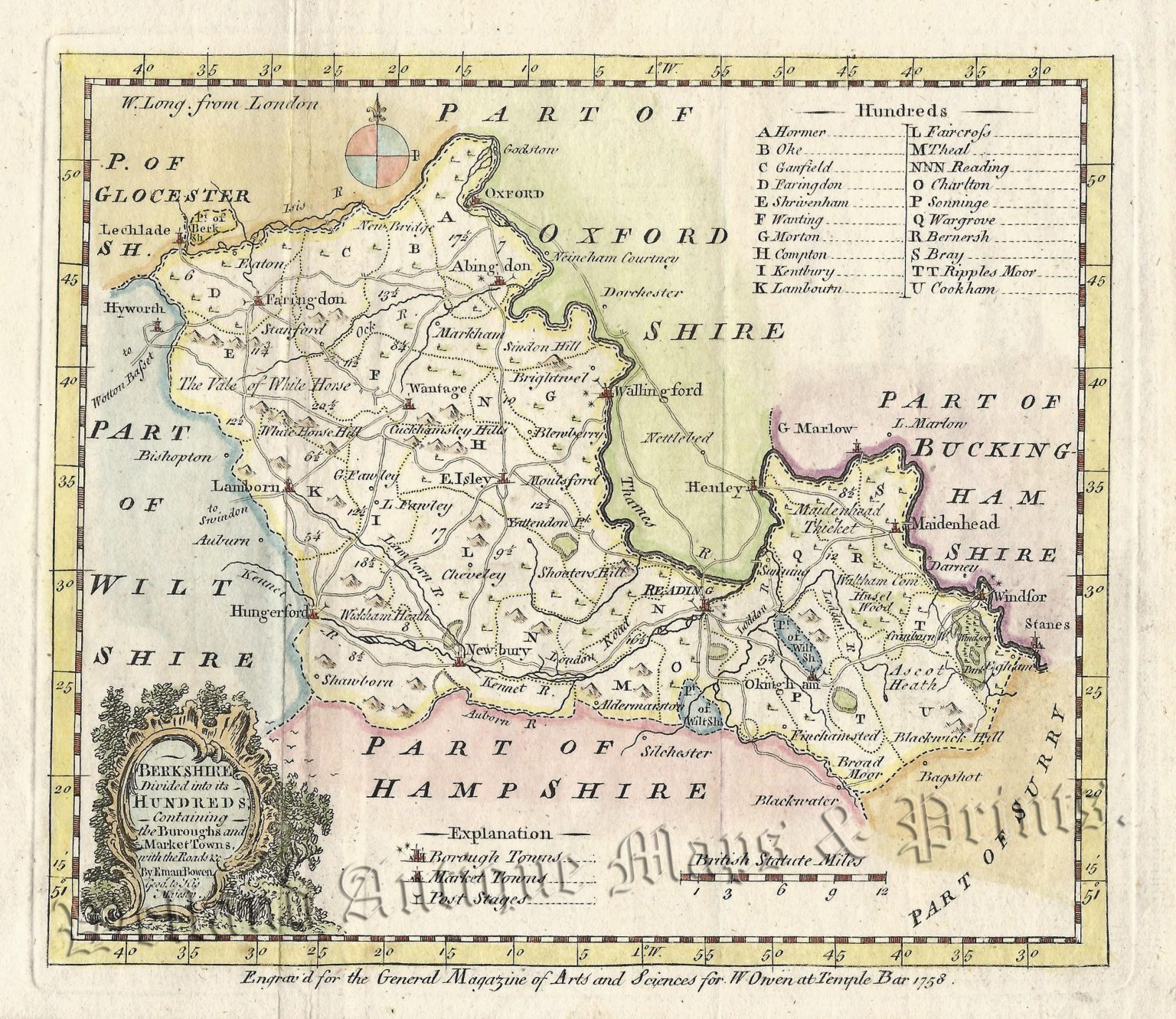 'AN ACCURATE MAP of BERKSHIRE Divided into its HUNDREDS: By G. Rollos ...
