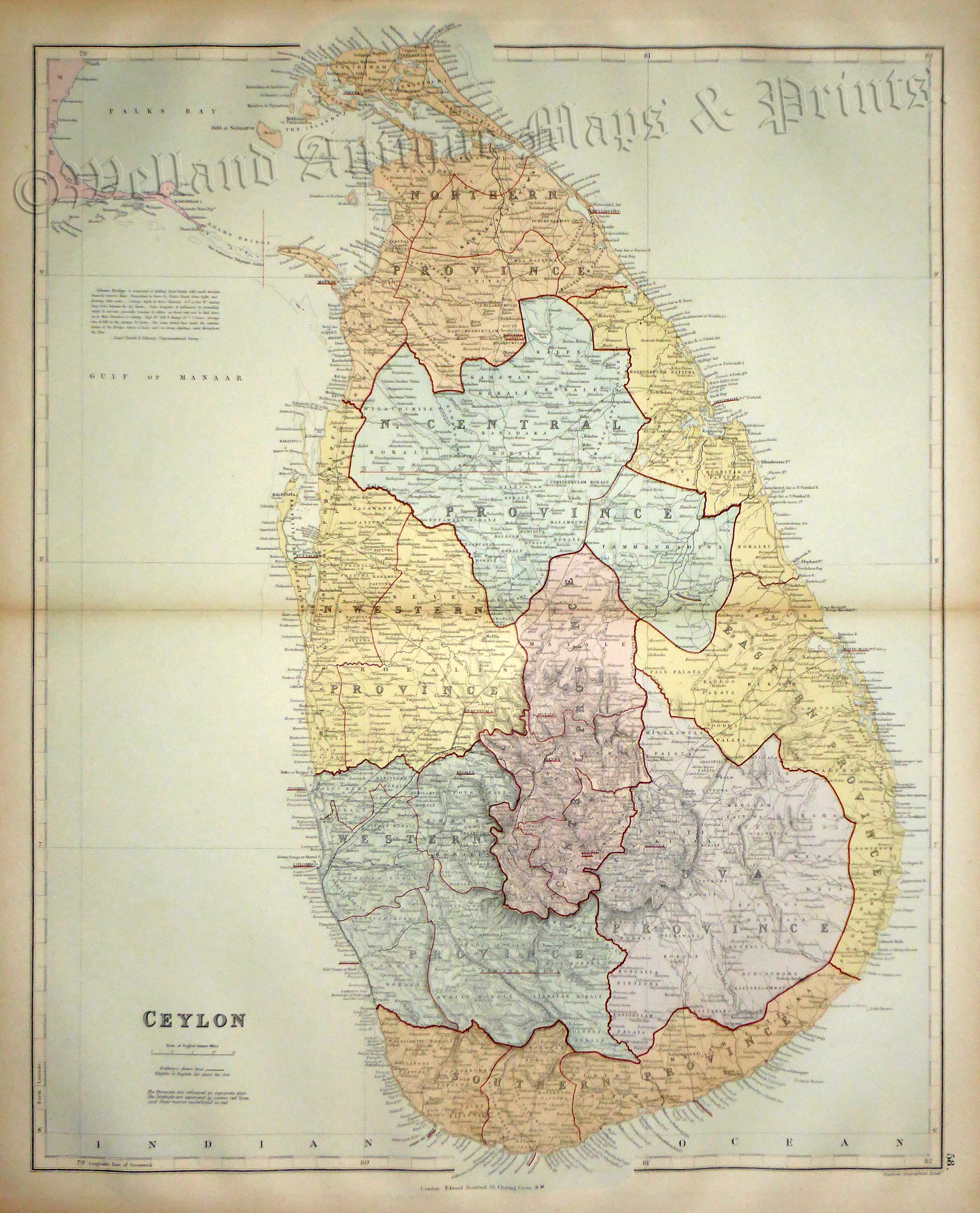 'CEYLON' (Sri Lanka) by Edward Stanford c.1887 - Welland Antique Maps