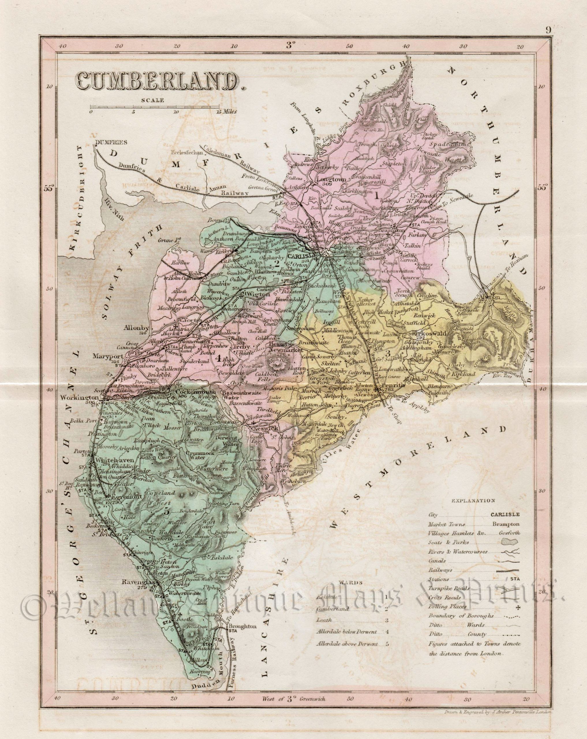 'CUMBERLAND.' by Joshua Archer c.1855 - Welland Antique Maps