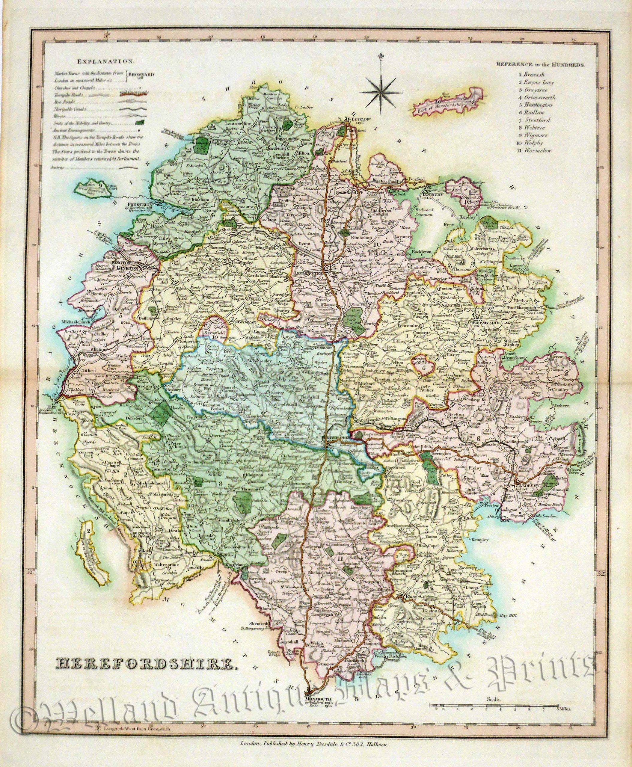 'HEREFORDSHIRE.' by Henry Teesdale (R. Rowe) c.1830 - Welland Antique Maps