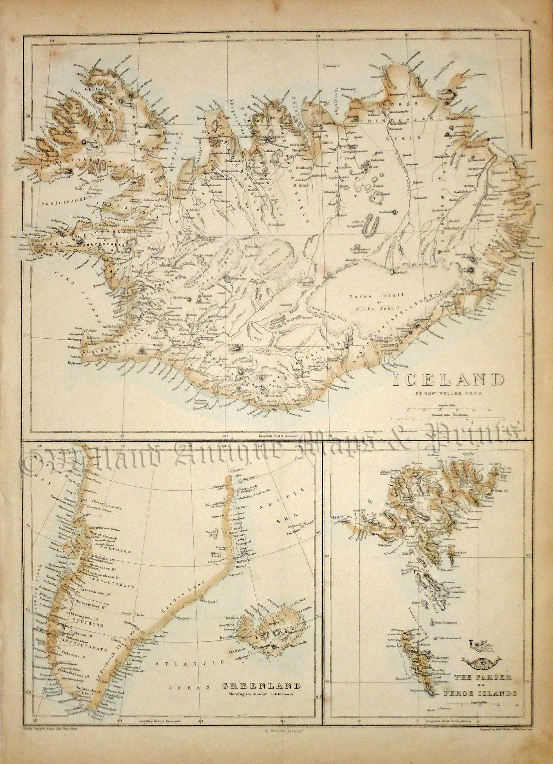 'ICELAND', 'GREENLAND showing the Danish Settlements', 'THE FAROER OR ...