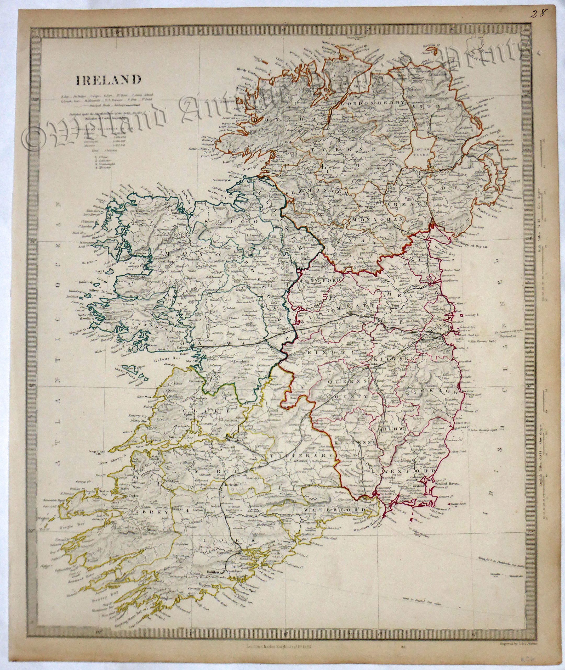'IRELAND' by J. & C. Walker / S.D.U.K. c.1852 - Welland Antique Maps
