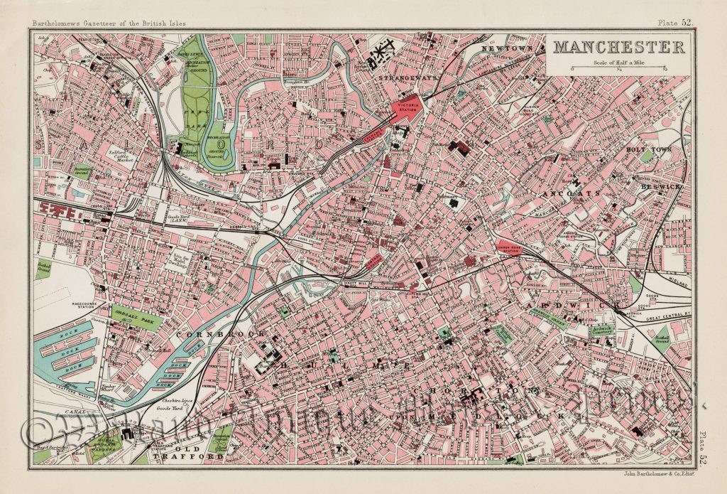 'MAP OF MANCHESTER' by G. W. Bacon c.1884 - Welland Antique Maps