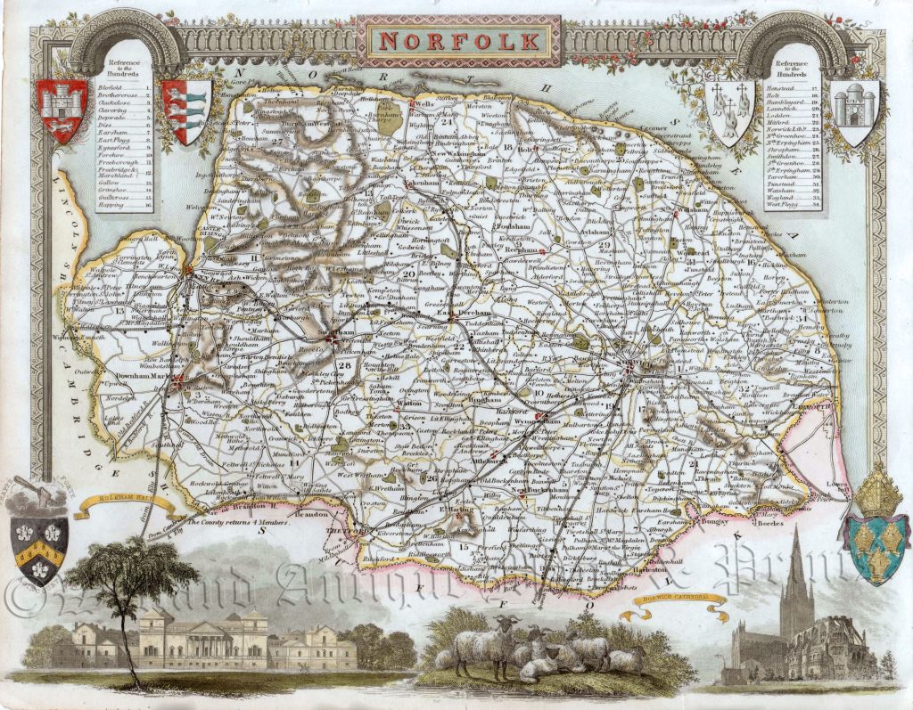 'NORFOLK.' by Leigh / Hall c.1835 - Welland Antique Maps