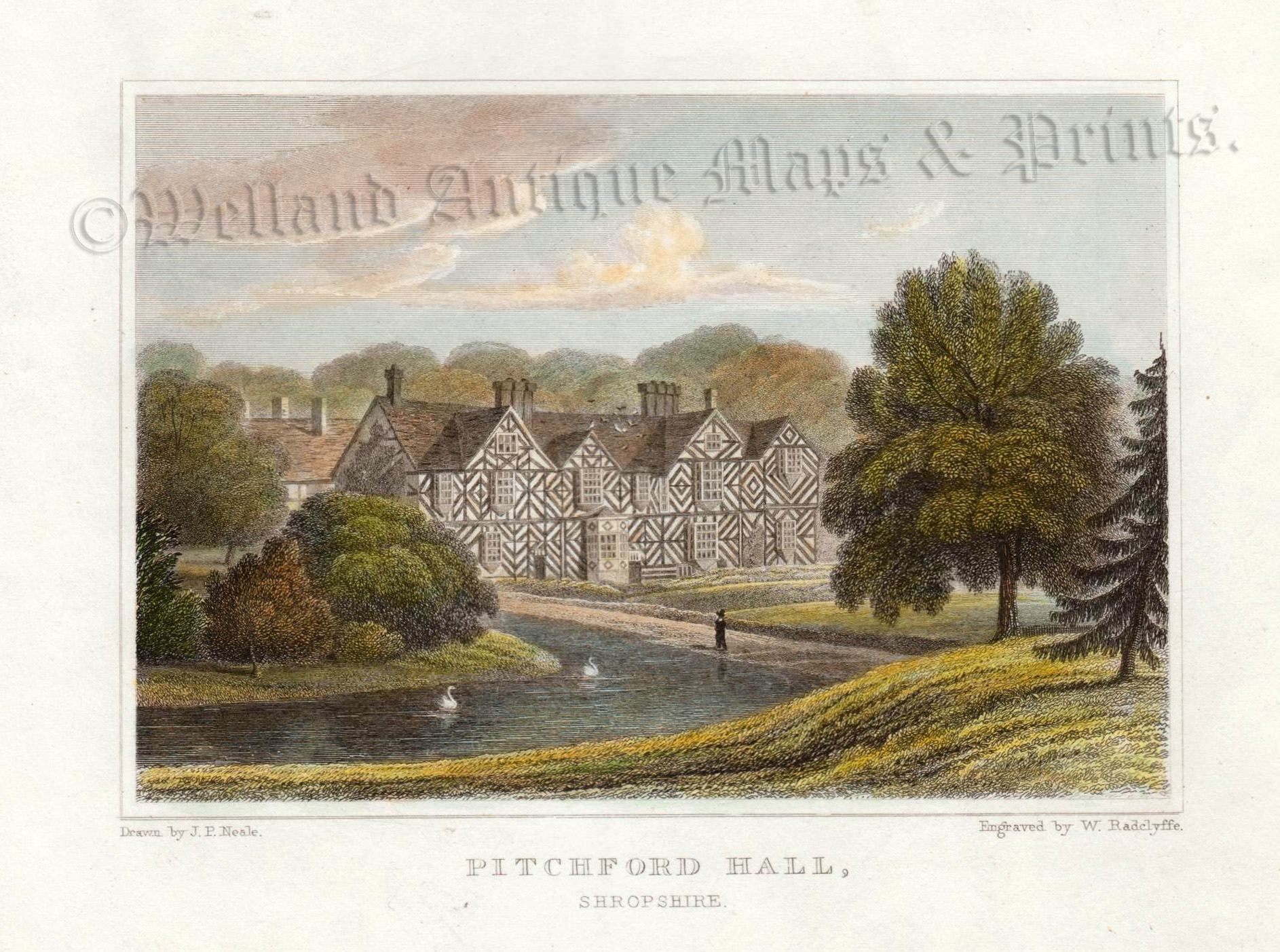 'PITCHFORD HALL, SHROPSHIRE.' by J. P. Neale / W. Radclyffe c.1830 ...