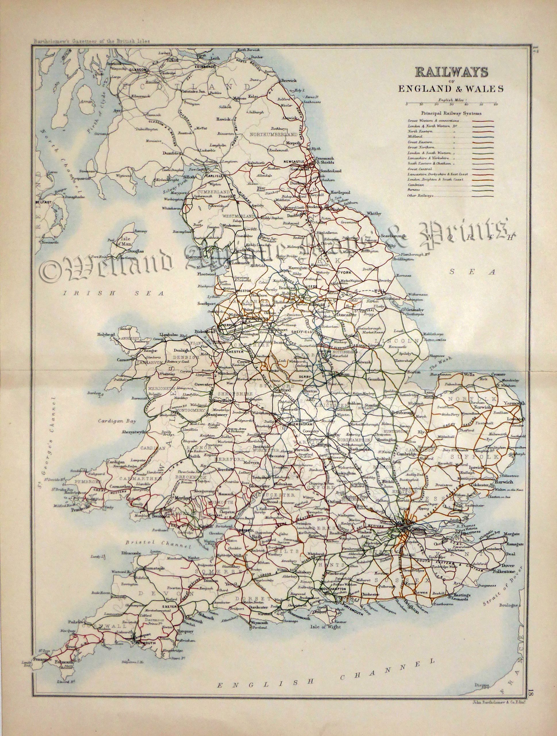 'RAILWAYS OF ENGLAND & WALES' by J. Bartholomew & Co. c.1904 - Welland ...