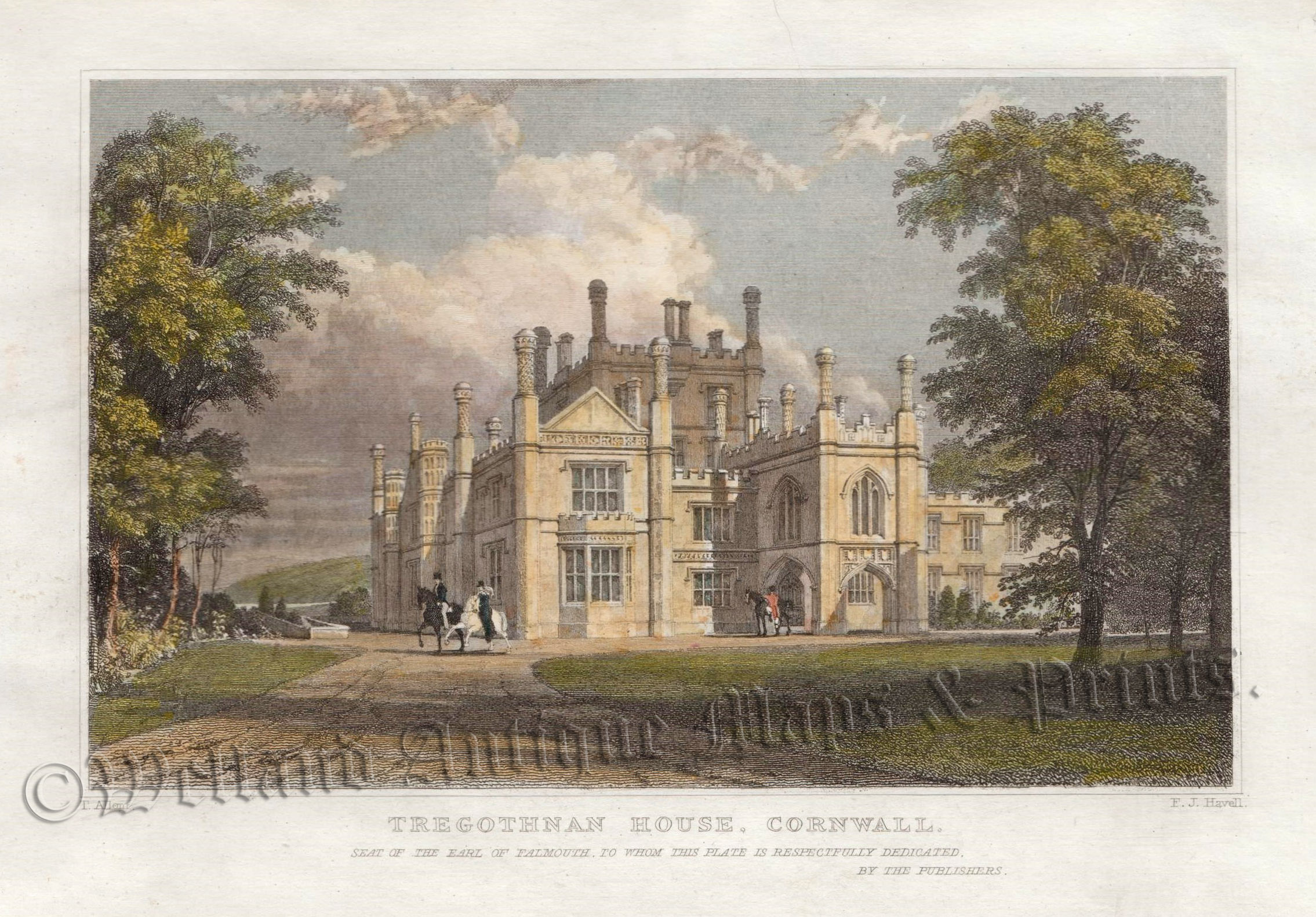 'TREGOTHNAN HOUSE, CORNWALL.' by T. Allom / F. J. Havell c.1830 ...