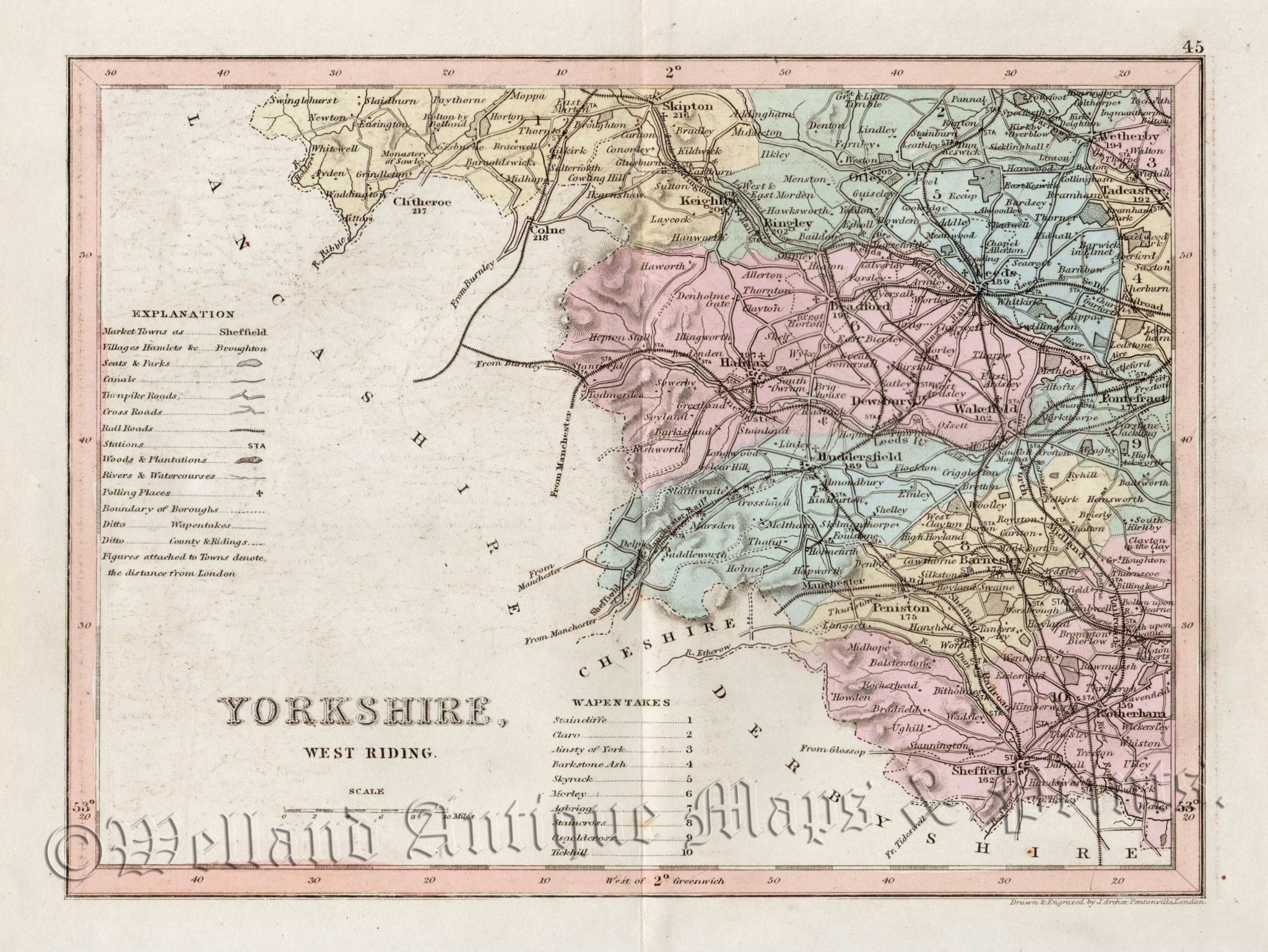 'YORKSHIRE' (on 4 Sheets) by Joshua Archer c.1855 - Welland Antique Maps