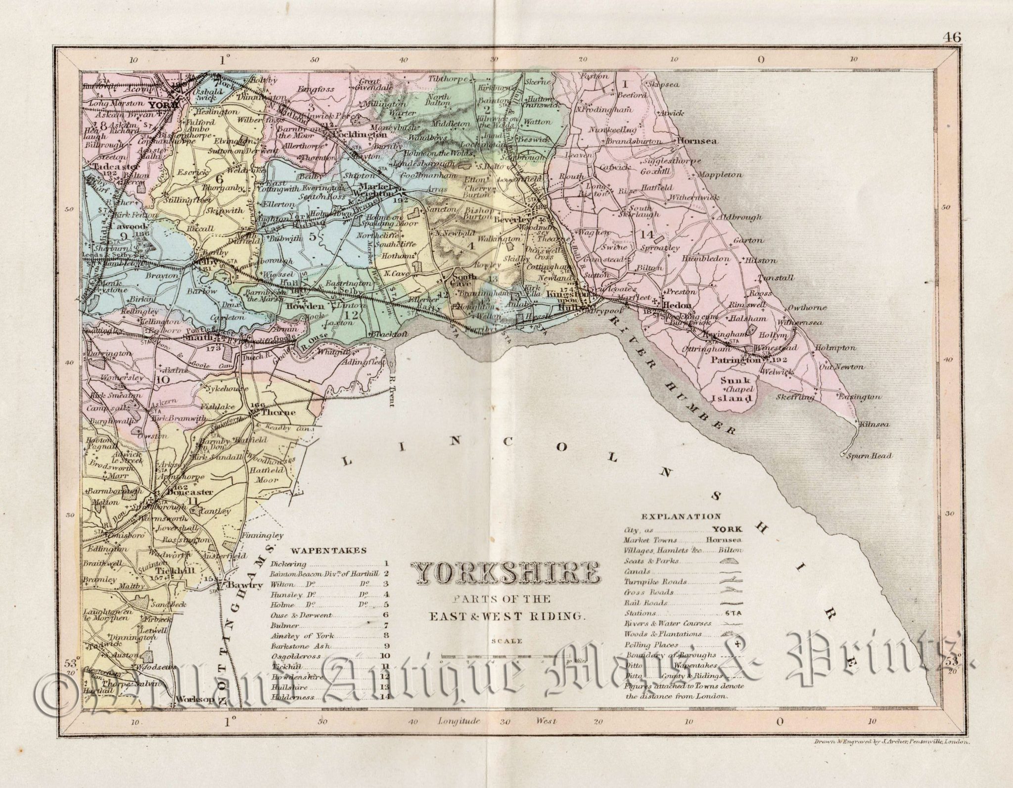 'YORKSHIRE' (on 4 Sheets) by Joshua Archer c.1855 - Welland Antique Maps