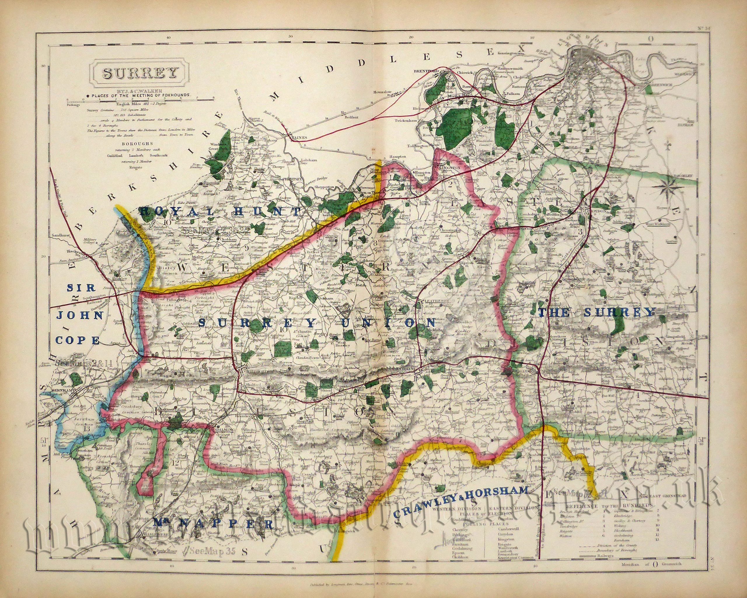 'SURREY' (Hobson Fox Hunting Map) By J. & C. Walker c.1850 - Welland ...