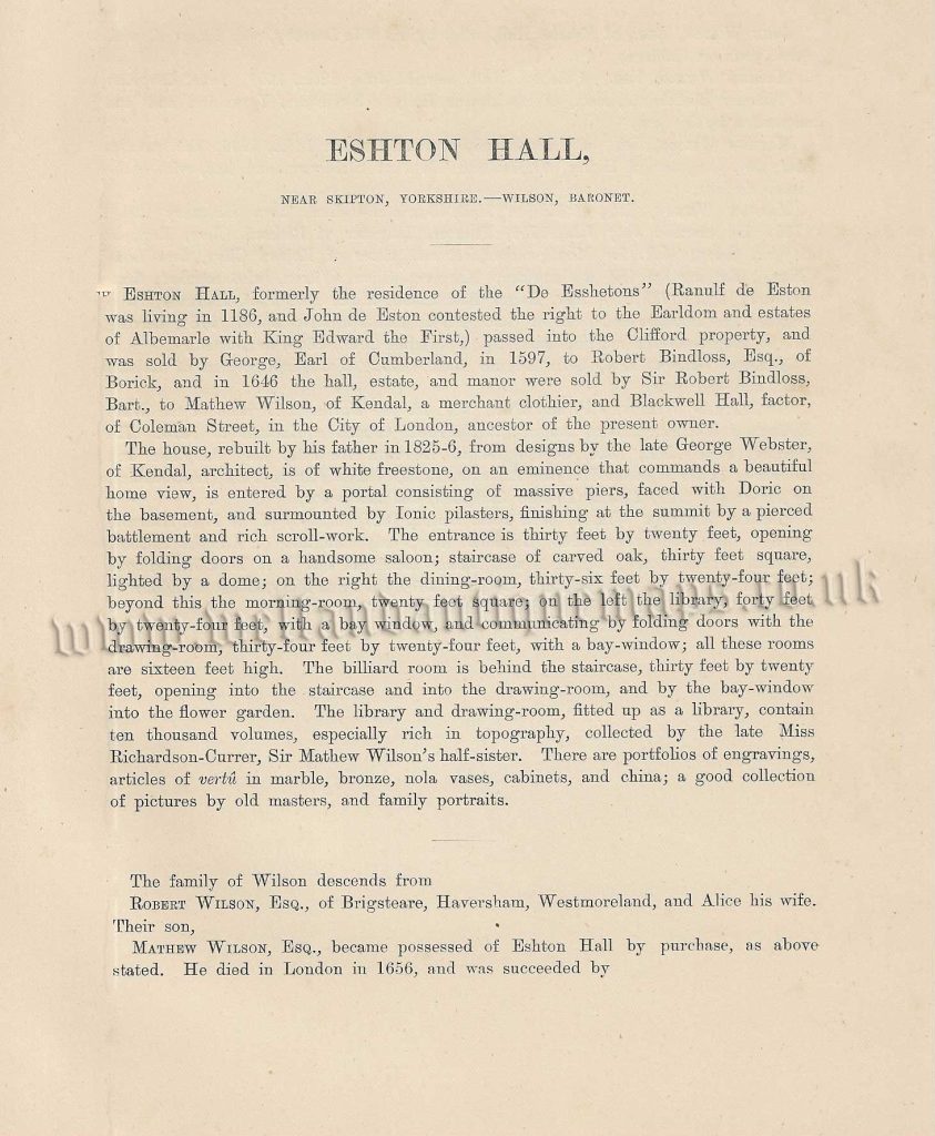 'ESHTON HALL.' (North Yorkshire) by A. F. Lydon / B. Fawcett / F. O ...