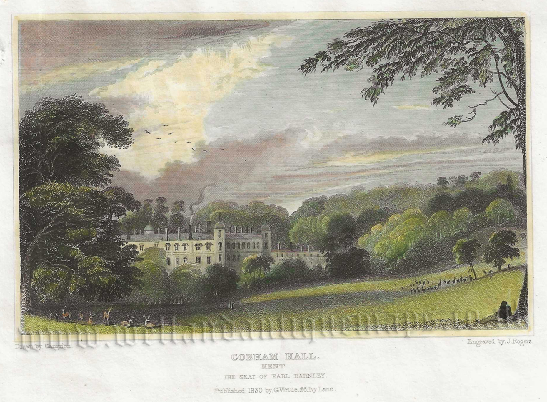 'COBHAM HALL. KENT’ by Campion / J. Rogers c.1830 - Welland Antique Maps